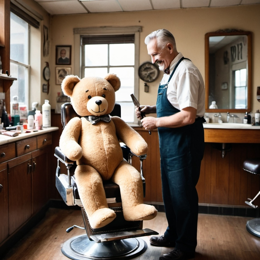 An old barber cutting the hairs of a tall teddy bear...