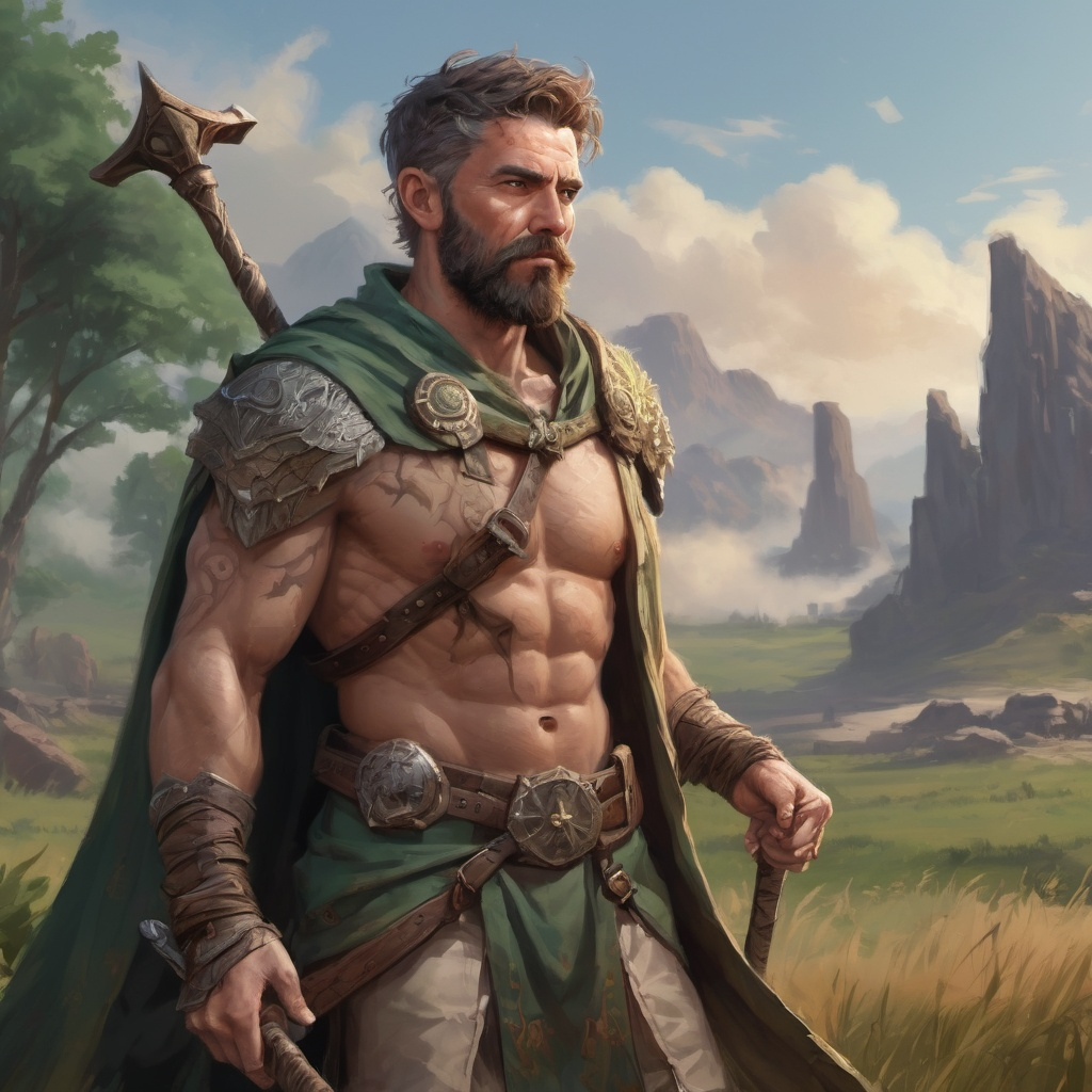 Male stocky mature muscular druid with short-cut hai...