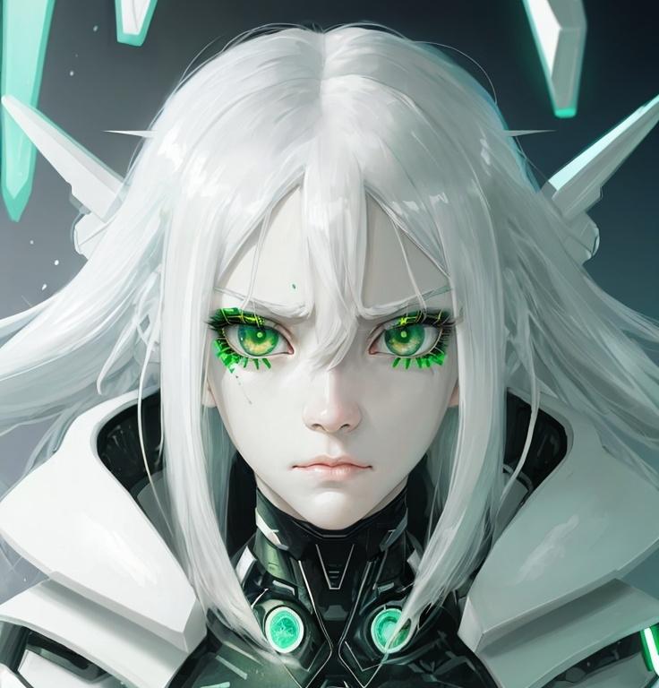 cyborg girl, green eyes, white hair and frown
