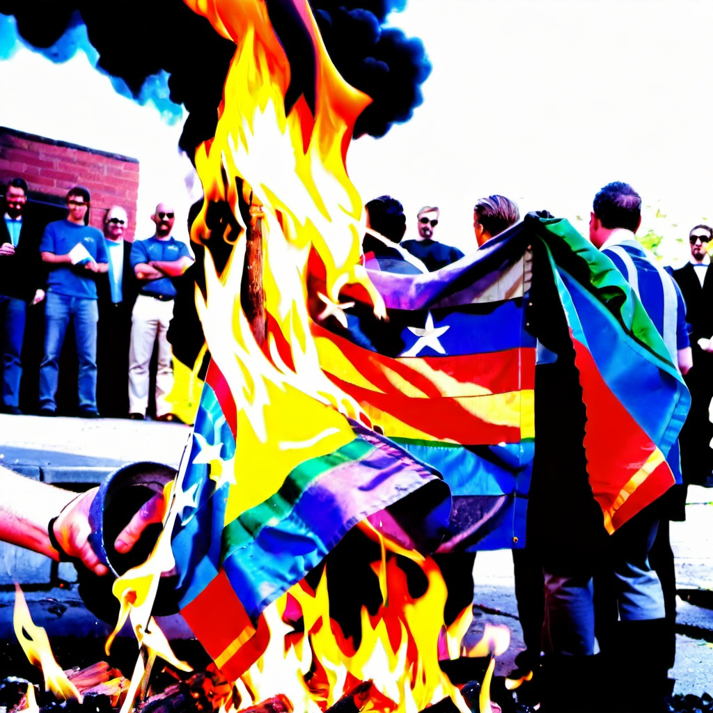 A burning rainbow flag being turned to ashes