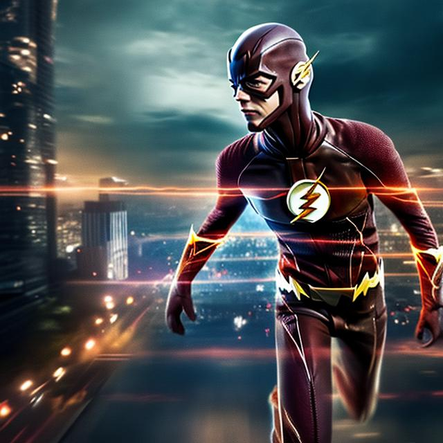 The flash running into a city witha a black stromy sky