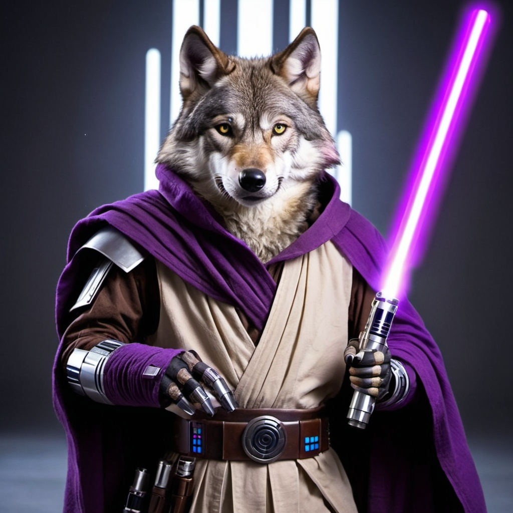 a wolf in a jedi suit with 1 purple lightsaber in ea...