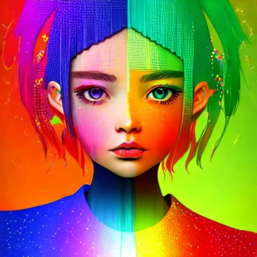 Hyperpop girl, rainbow, static, glitches, cute, pastel