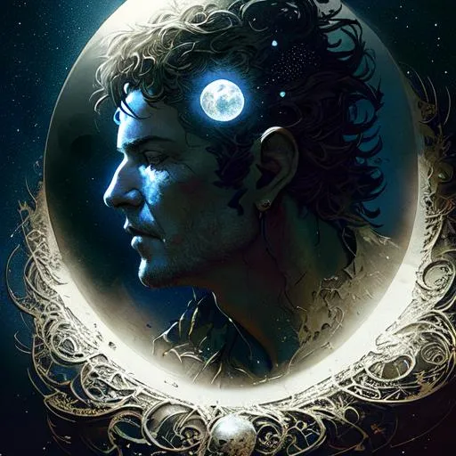 the man in the moon with stars surrounding his head!... | OpenArt