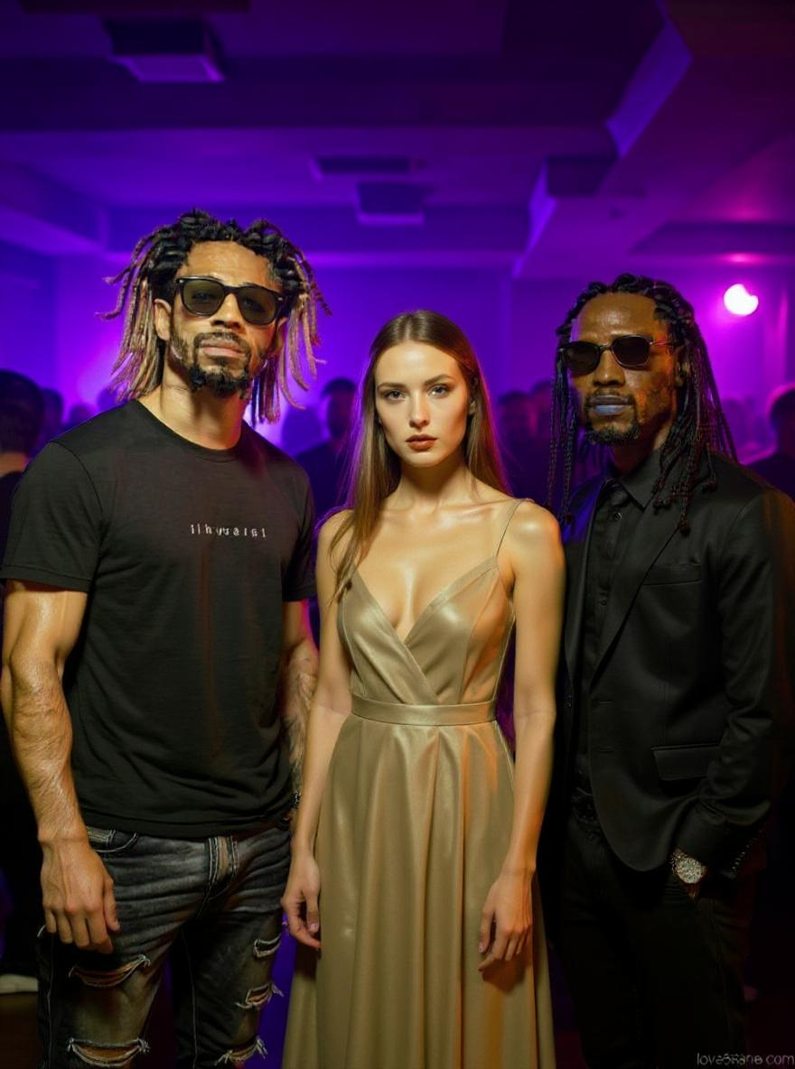 Both men are standing next to two fashion models