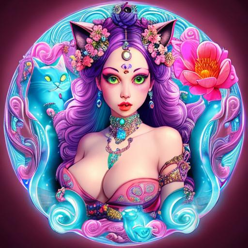 Cat goddess cat, bubbles, bare top, huge full lips,... | OpenArt