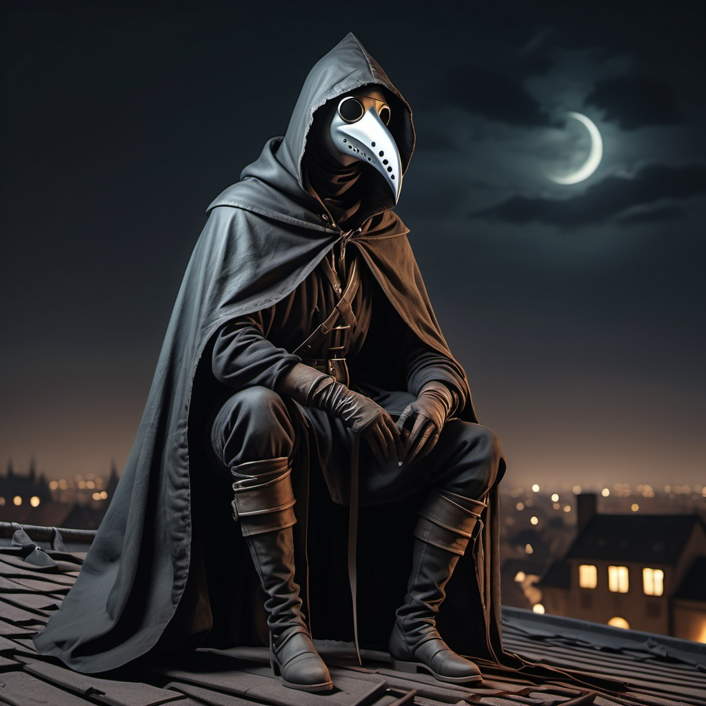 a medieval rogue wearing a hooded plague doctor mask...