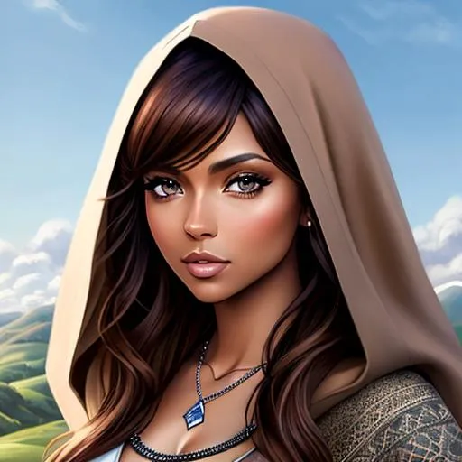 Kat Graham laying on hillside, brown hooded tunic, p...