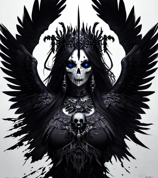 splash art of a {shadow goddess}, with {raven skull}... | OpenArt