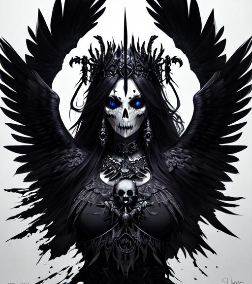 splash art of a {shadow goddess}, with {raven skull}... | OpenArt