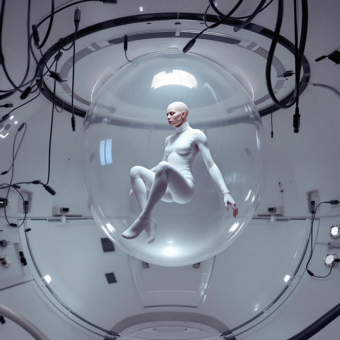 A bald humanoid wearing a tight white suit floating...