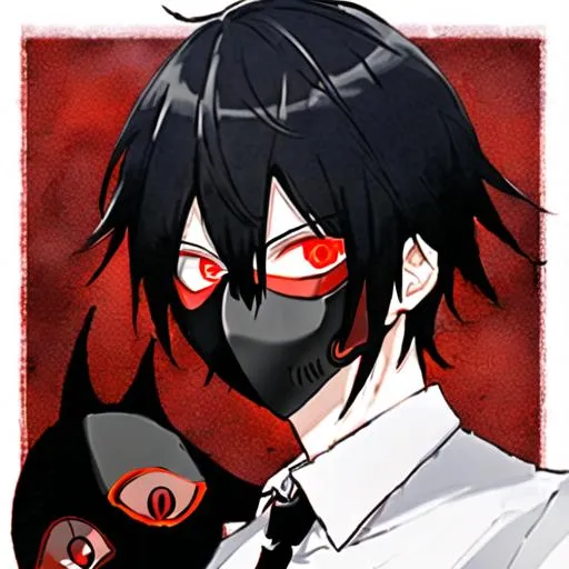 Pyro (black hair) (red eyes) wearing a gasmask | OpenArt