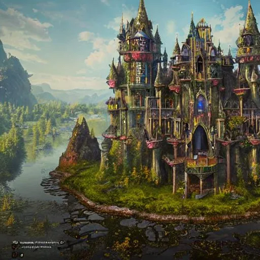 Drone photo of a Fantasy castle in a swamp,detailed... | OpenArt