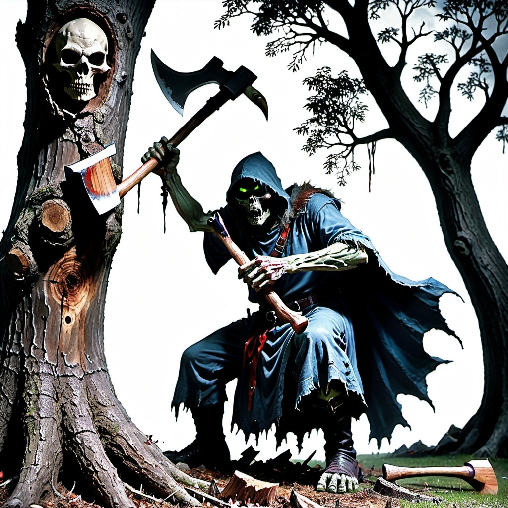 Undead sorcerrer cuting down tree with an axe