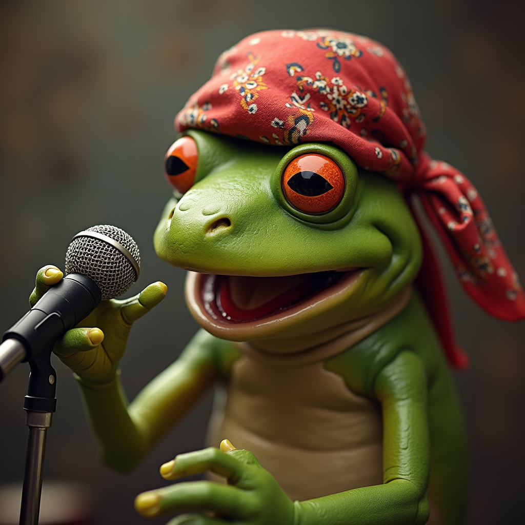 Imagine a frog singing into a microphone with a band...