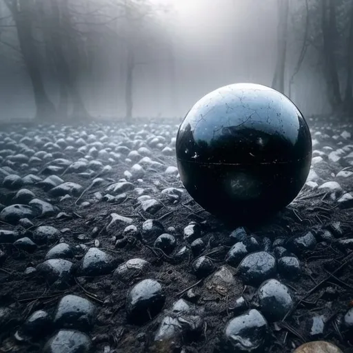 a black stone orb on the ground, shining, seen from...