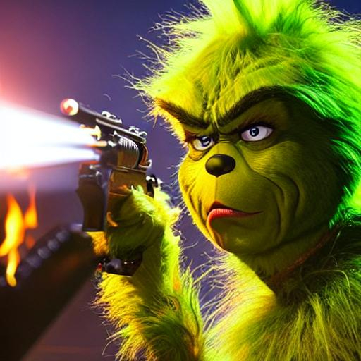 The Grinch wielding a shotgun surrounded by hellfire | OpenArt