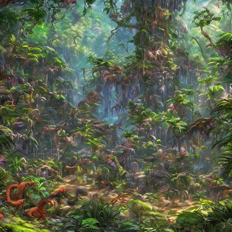colorful fantasy idyllic jungle scene that is extrem... | OpenArt