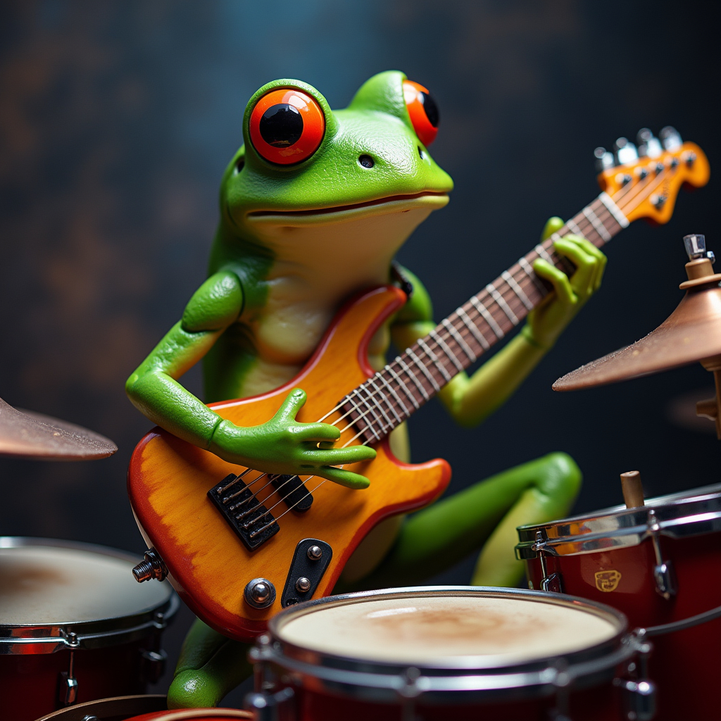 Imagine a frog 80s rock band ensemble playing drums