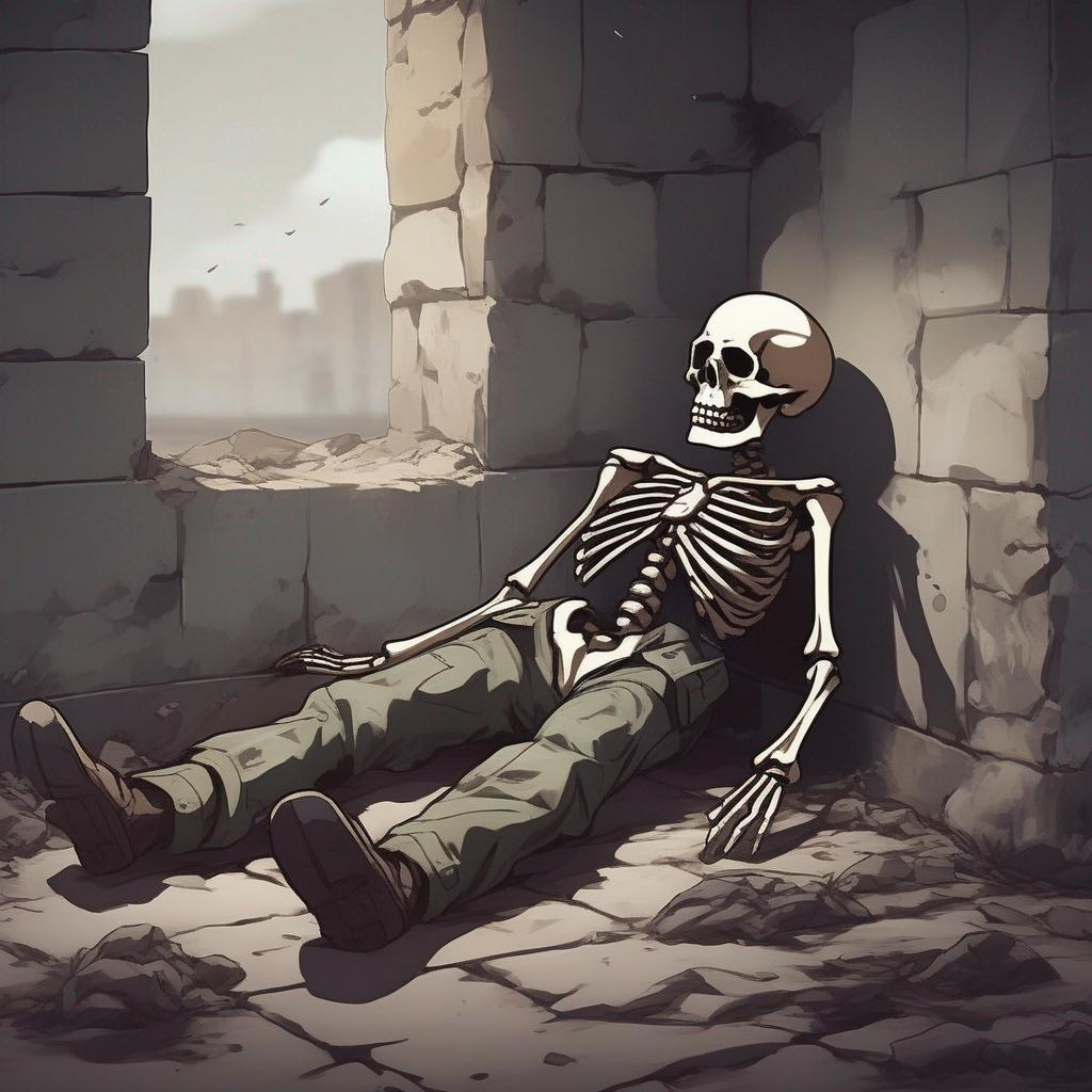 Dead skeletal WW2 soldier lying against a wall in an...