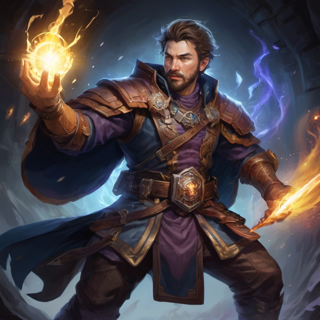 Male stocky large battle-mage with short-cut hair an...