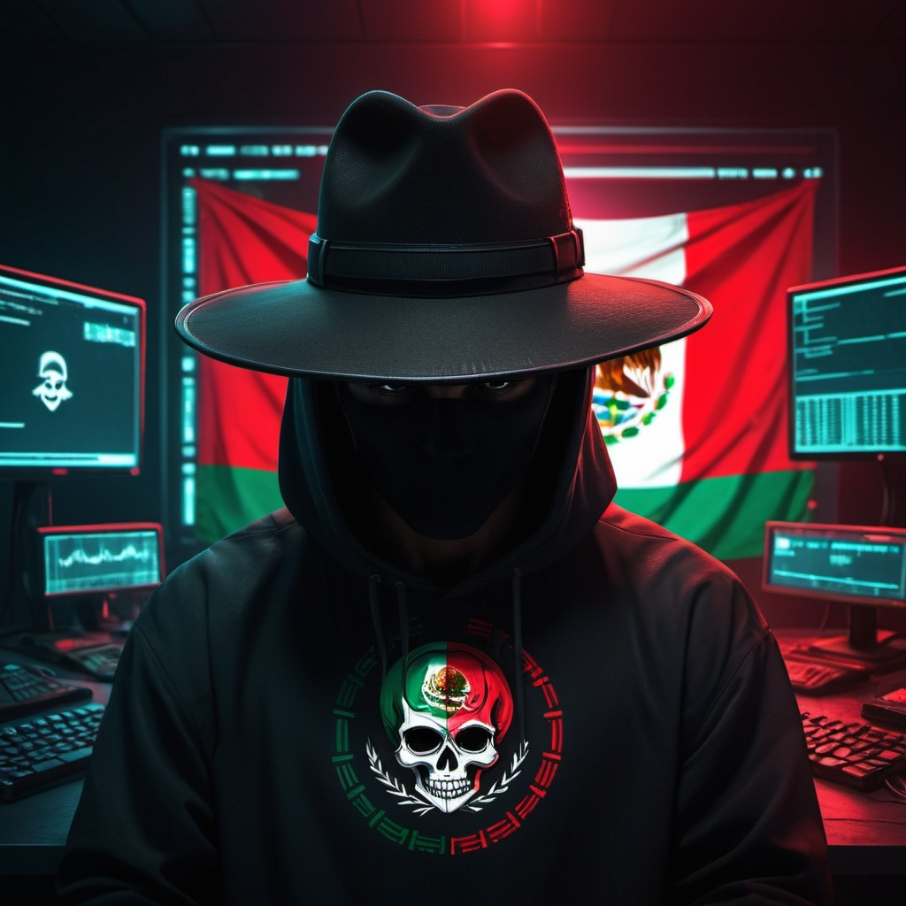 Black hat hacker with Mexican flag, digital art illu...