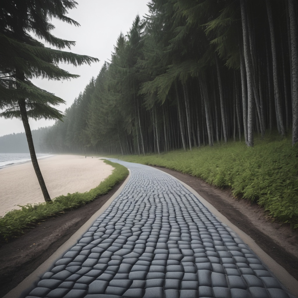 paved beach alongside a forest