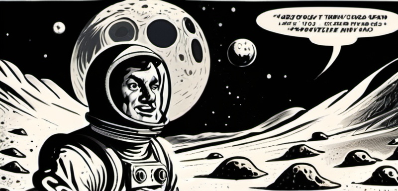 Comic Panel depicts man on moon. Pulp style.