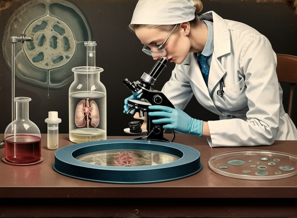Vintage medical illustration. Lab. On steel table wi...