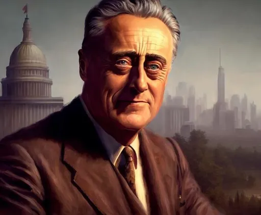 Franklin Roosevelt portrait, USA in the background d... | OpenArt