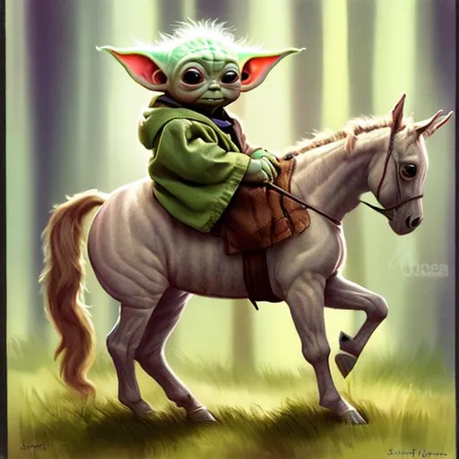 Baby Yoda riding a stripey horse | OpenArt
