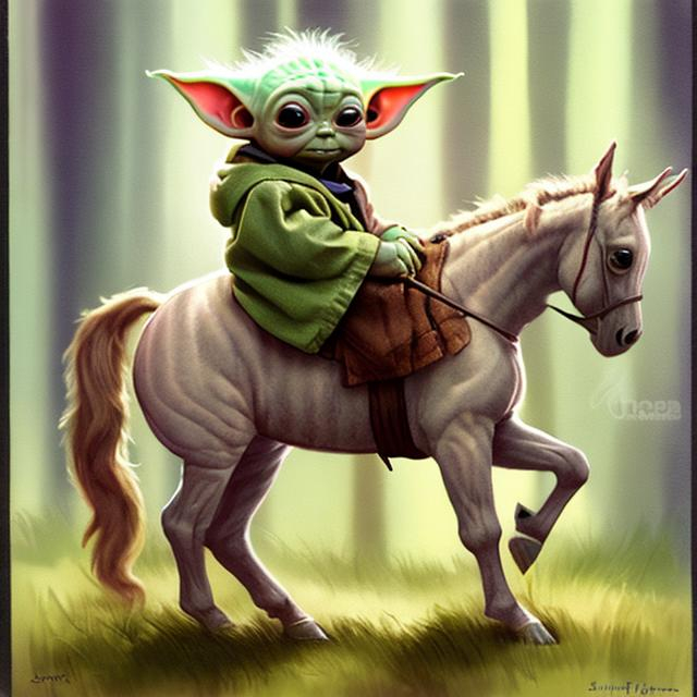 Baby Yoda riding a stripey horse | OpenArt
