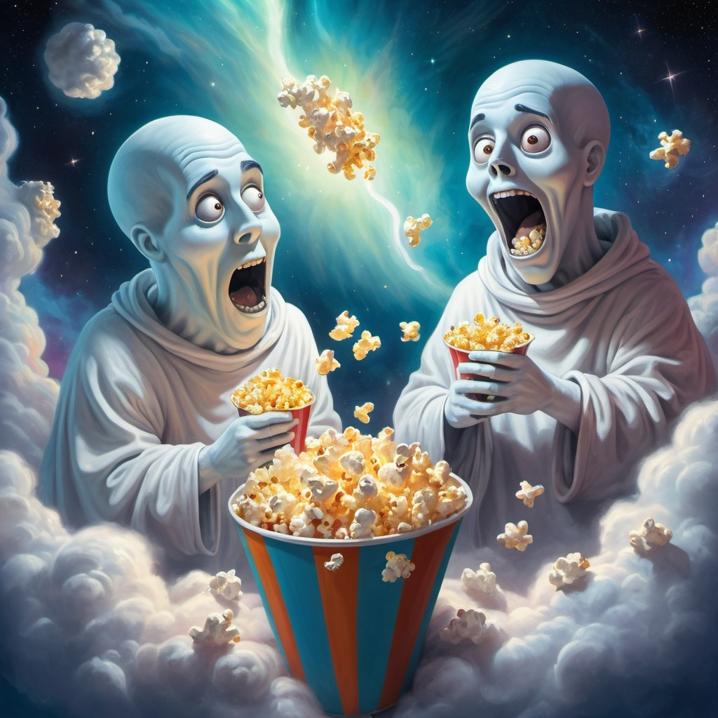 Two ghostly men on celestial cloud, outer space, che...