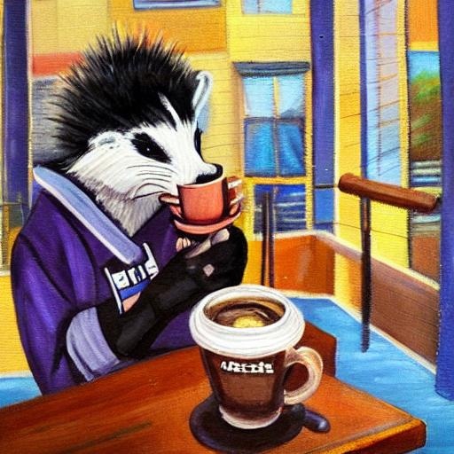 skunk drinking coffee at a cafe relaxing, painting | OpenArt