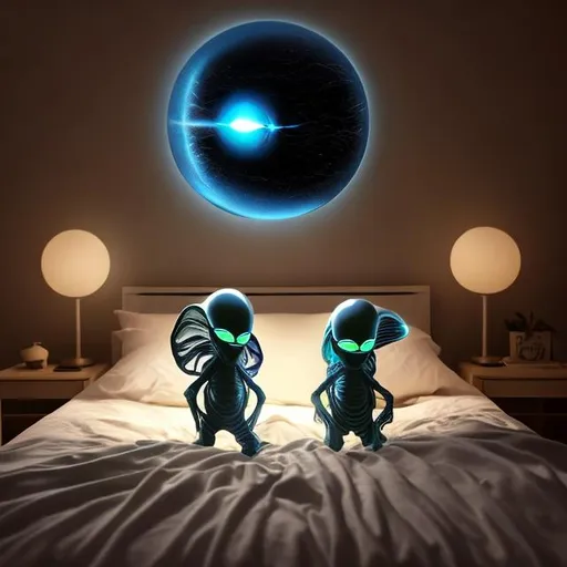Uhd hooded aliens surrounding bed at night with lumi...