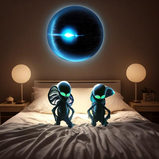 Uhd hooded aliens surrounding bed at night with lumi...