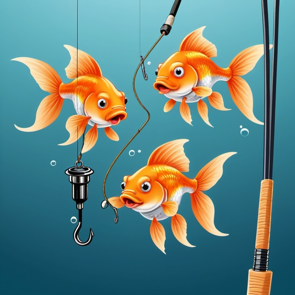 a cartoon image of two goldfish on hooks with fishin...