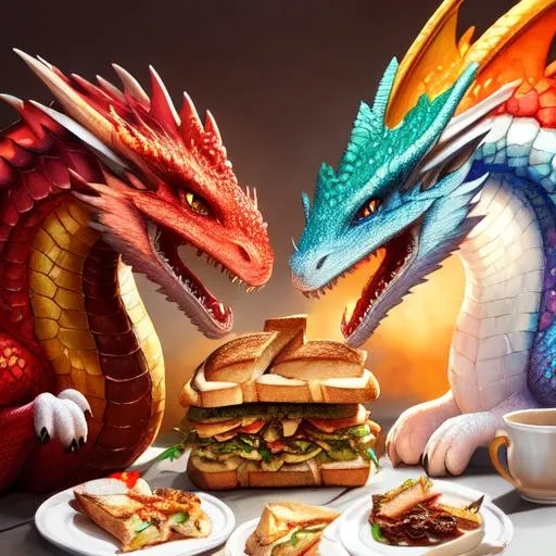 Colorful dragons eating sandwiches together, cute fa... | OpenArt