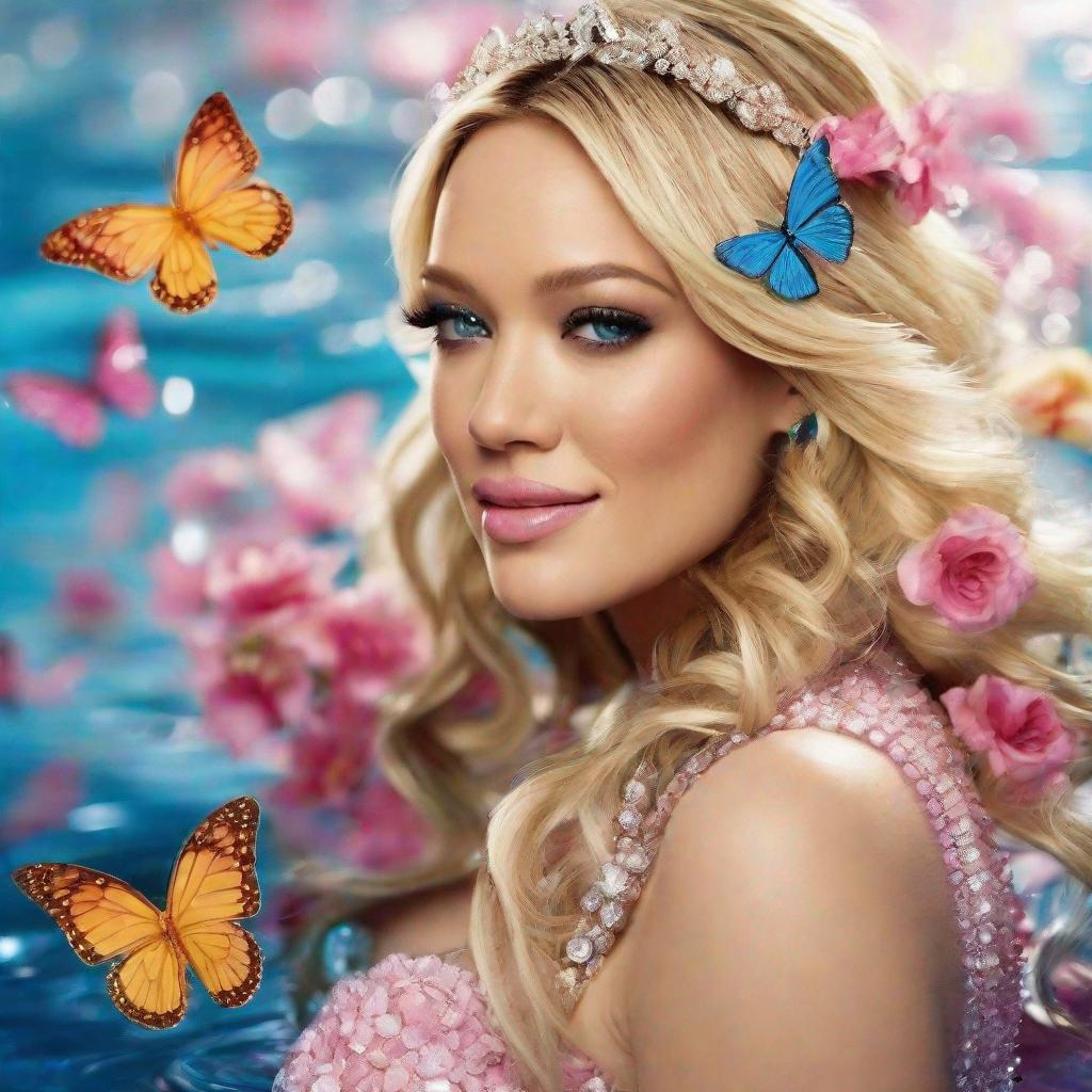 Hilary Duff as Barbie butterfly goddess standing in... | OpenArt