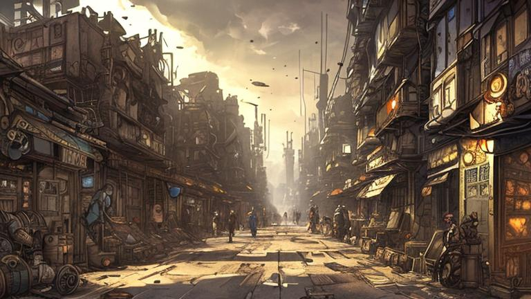 Steampunk city slums, comic book style, concept art