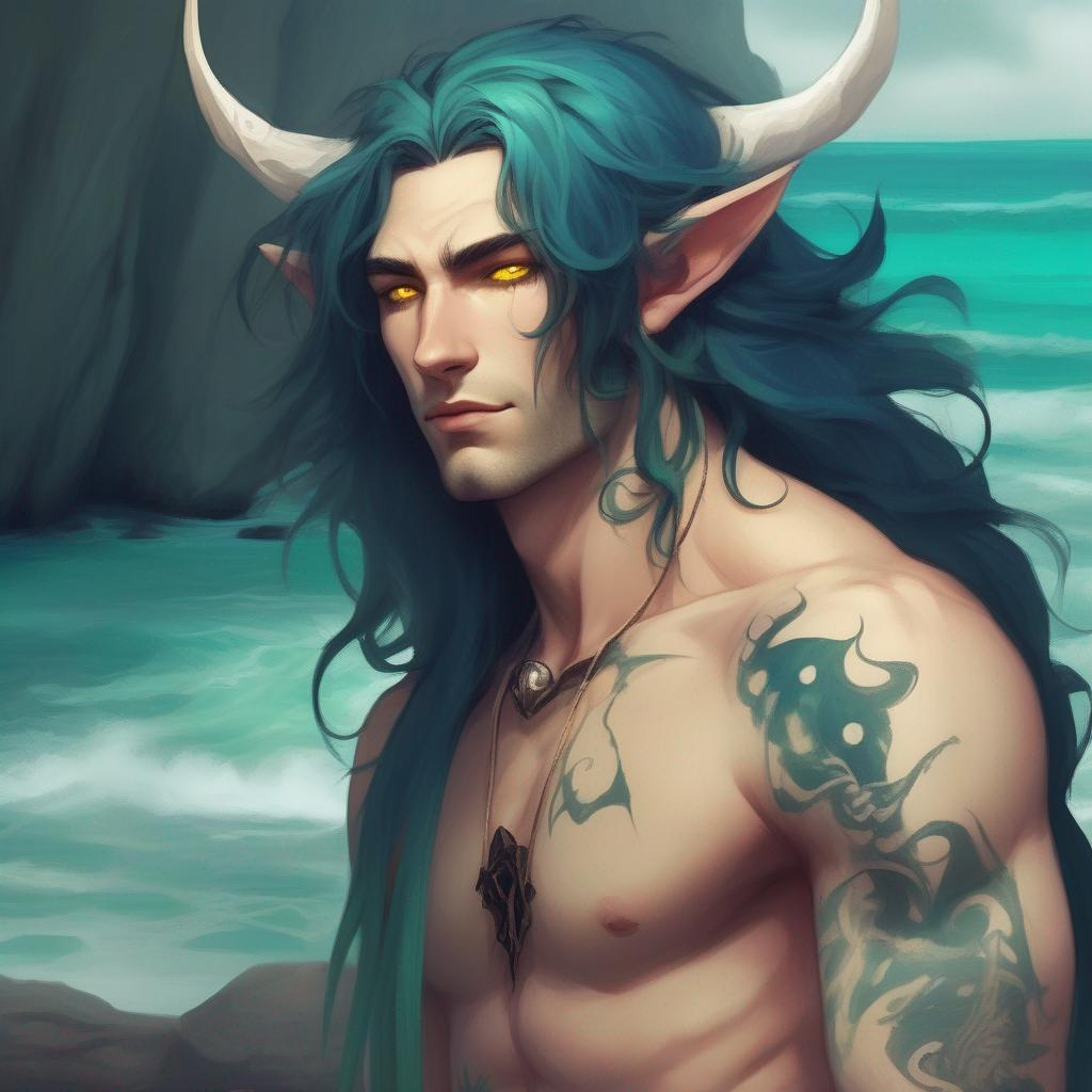 dnd a cute man with long messy dark blue hair and ye...