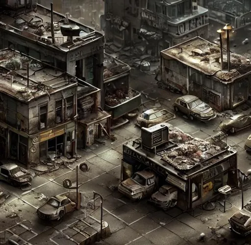 Detailed post apocalyptic city. Realistic lighting,... | OpenArt