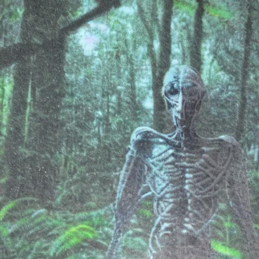 eerie humanoid creature roaming a lush forest, grain... | OpenArt