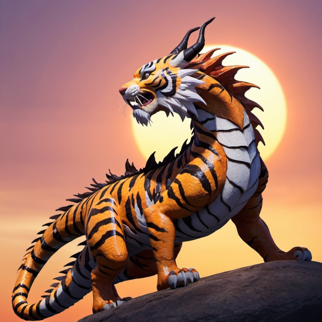 looking up at a tiger dragon hybrid against a sunset