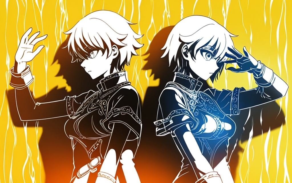 Anime shadow figures, high contrast, mysterious aura...