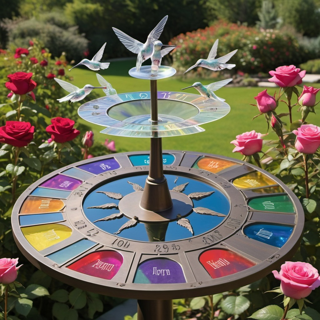 Sundial that has rainbow shadow surrounded by 12 tra...