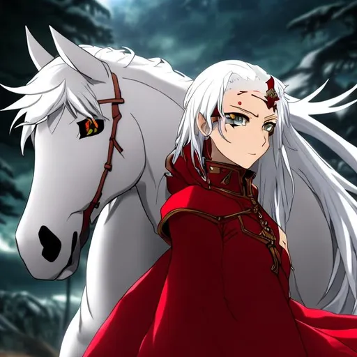 an anime young girl in the redhat and redcoat sits o...