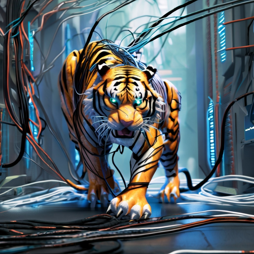 a cybernetic tiger with cabling coming out of it. Th...