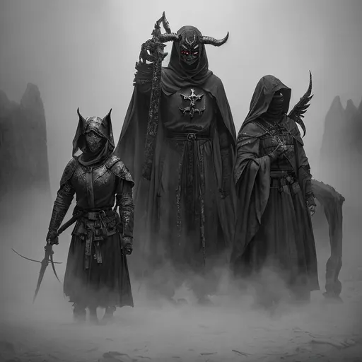 Mystical photo of masked demons in rugged gear, enga... | OpenArt