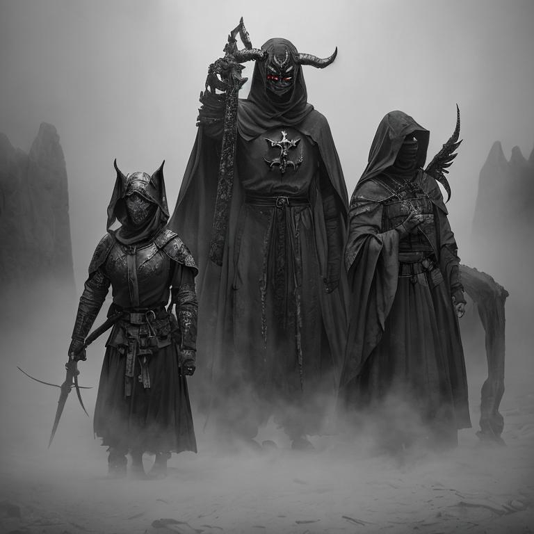 Mystical photo of masked demons in rugged gear, enga... | OpenArt